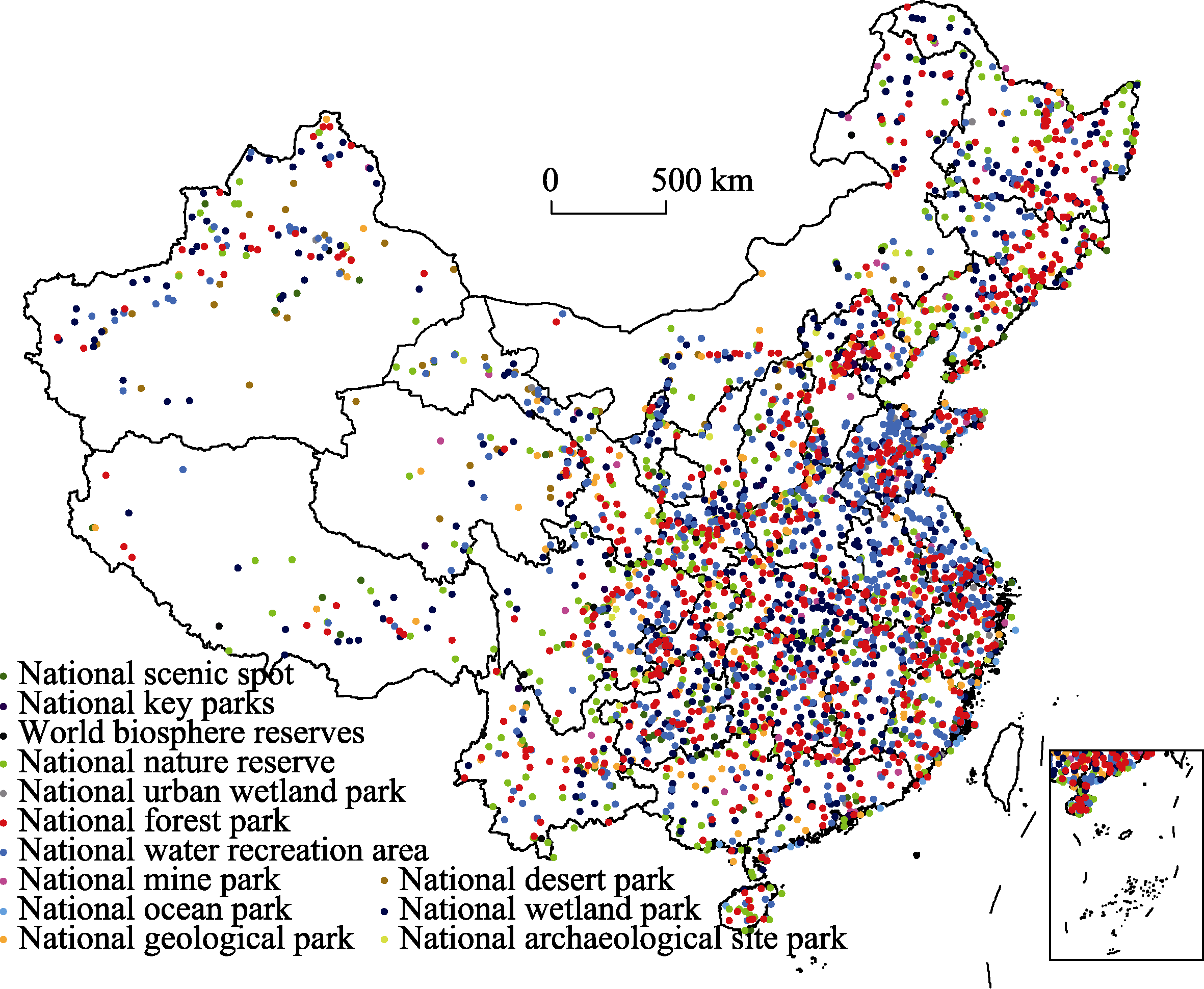 Spatial distribution characteristics of national protected areas in China